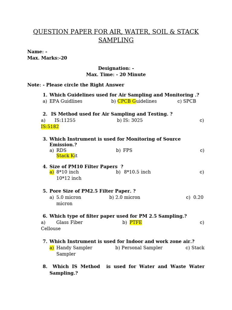 Questions Paper Sampling of Air Water and Soil | PDF