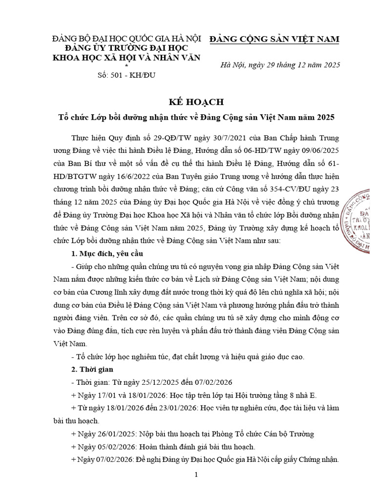 Ke Hoach Lop Nhan Thuc Ve Dang 2025 | PDF