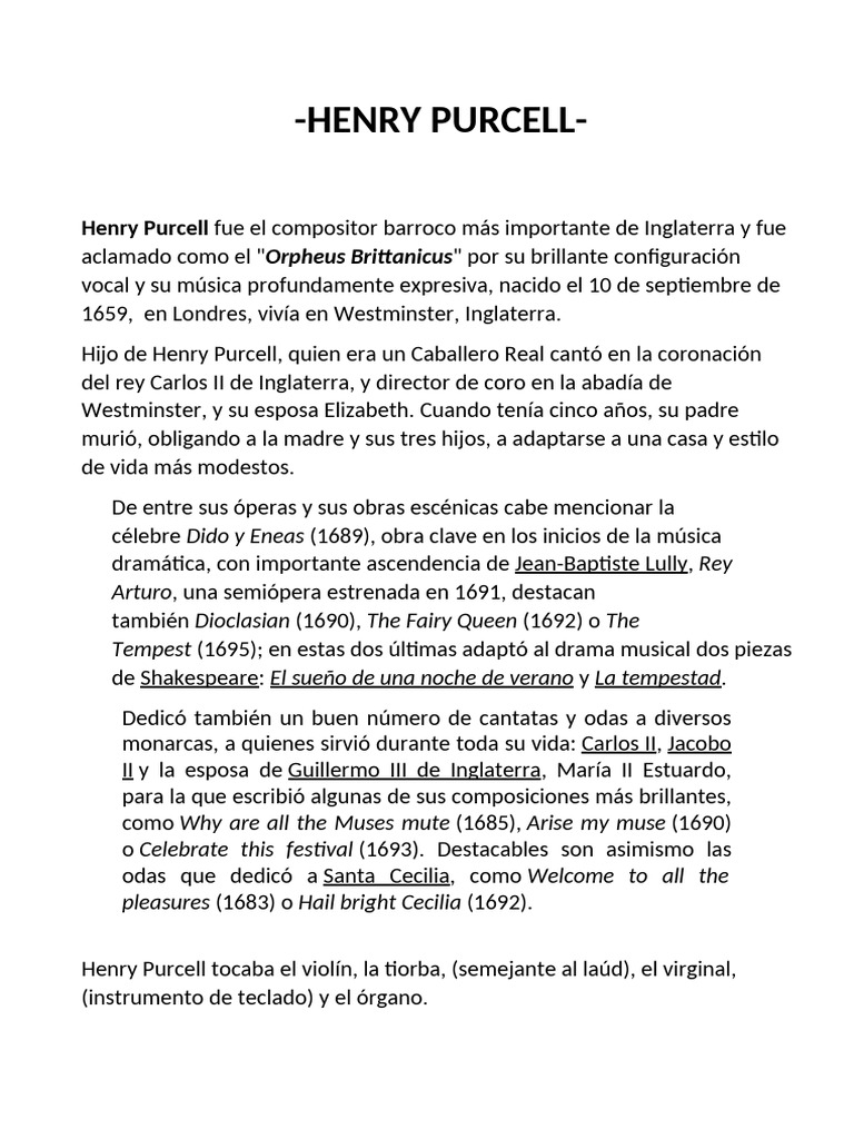 Vida y legado de Henry Purcell | PDF