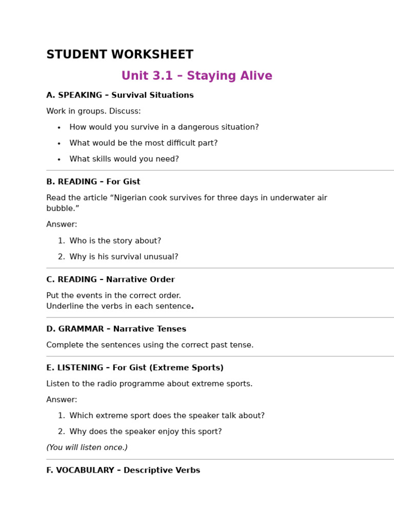 Student Worksheet b2 Unit 3.1 | PDF | Grammatical Tense | Verb
