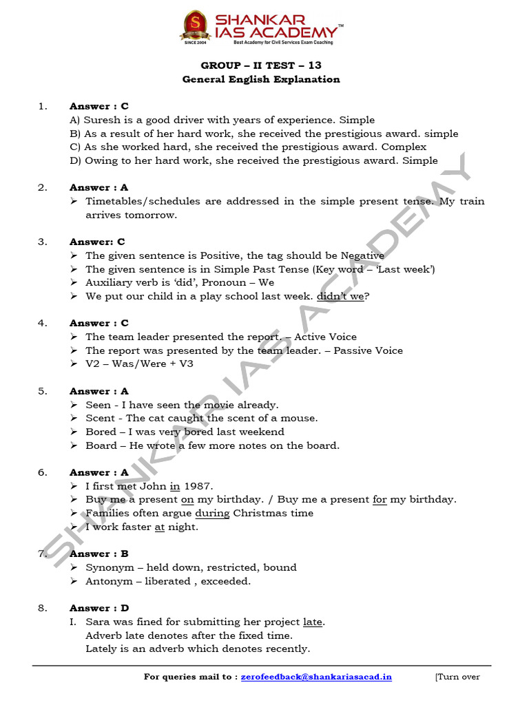 English Grammar Test Answers Explained | PDF | Verb | Grammar