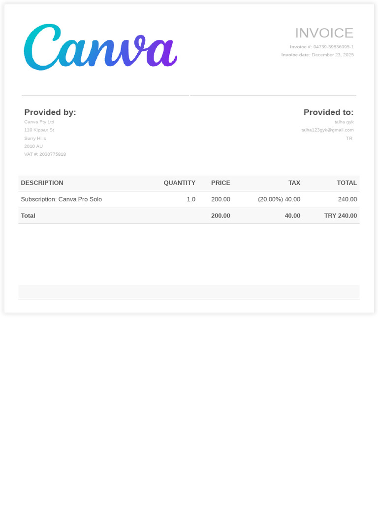 Canva Pro Subscription Invoice 2025 | PDF