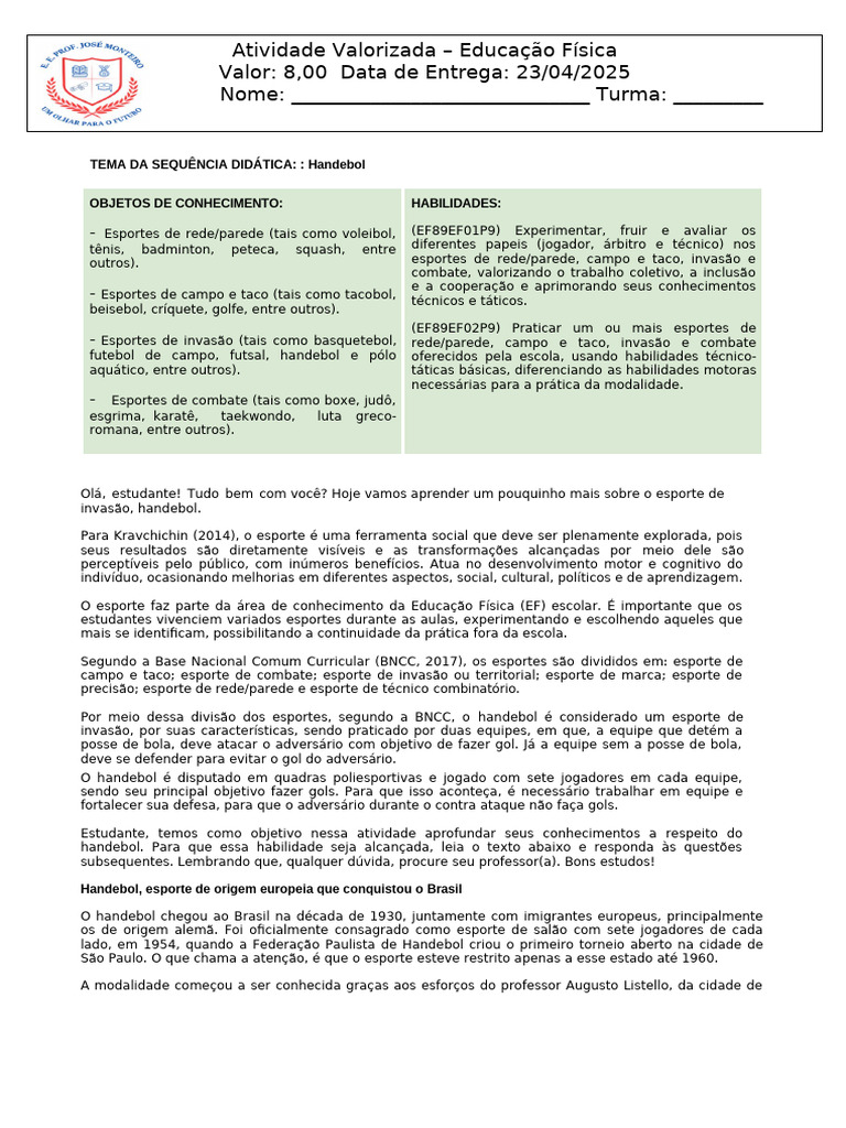 9o ano - Ensino Fundamental - 1° Bimestre - Educação Física - Estudante ...