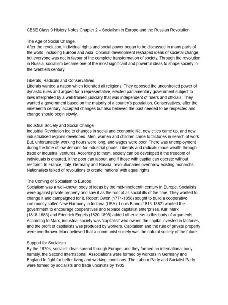 CBSE Class 9 History Notes Chapter 2 - Socialism in Europe and The ...