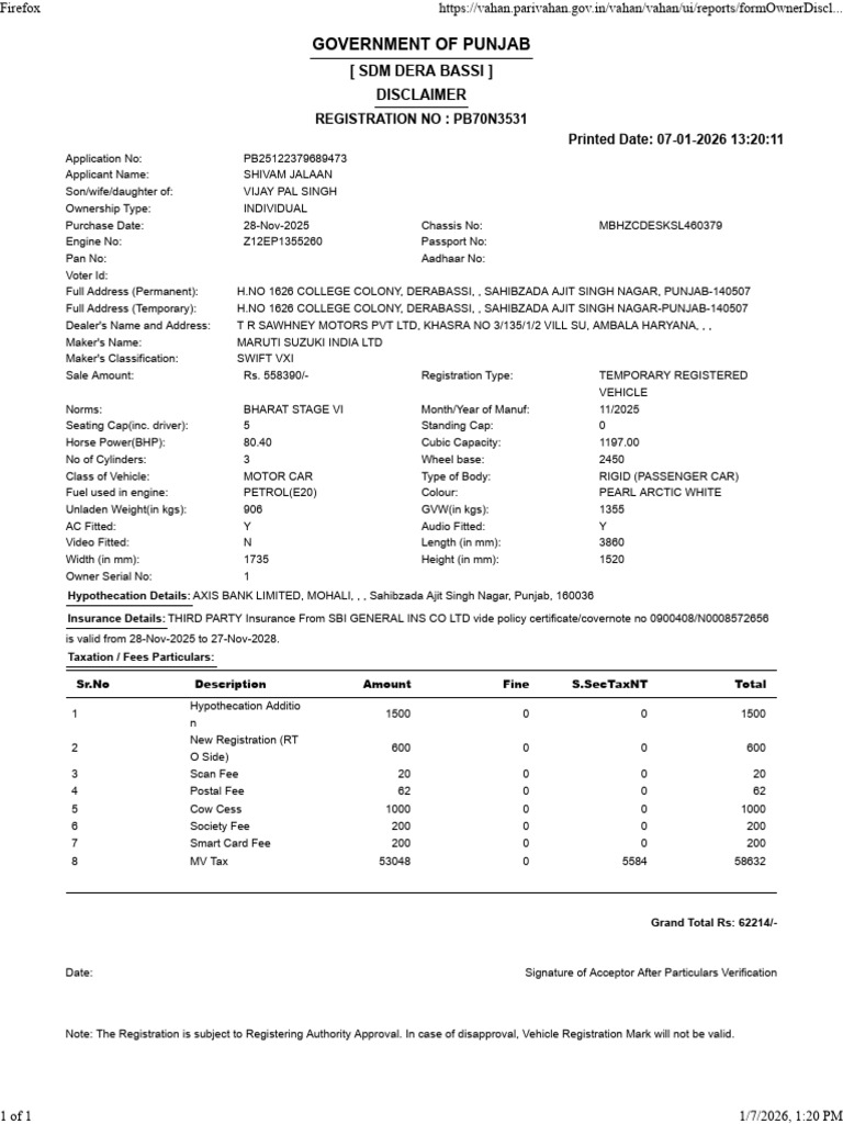 Punjab Temporary Vehicle Registration Details | PDF | Vehicles | Car