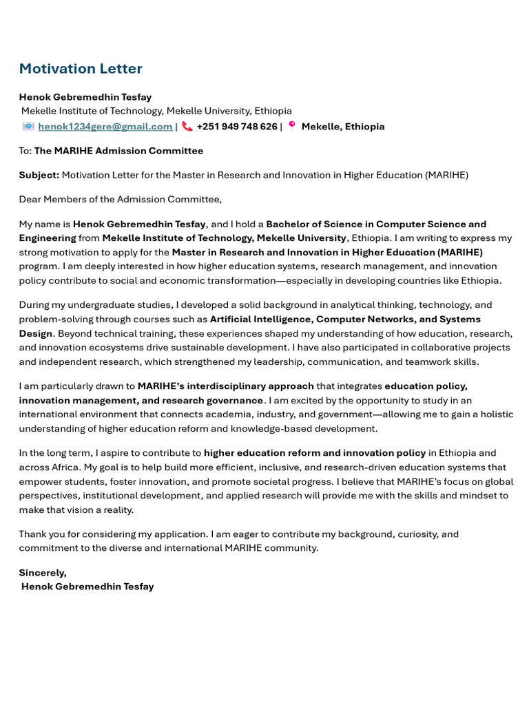 MARIHE Motivation Letter by Henok Tesfay | PDF