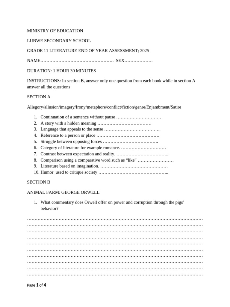 Grade 11 Literature Assessment 2025 | PDF