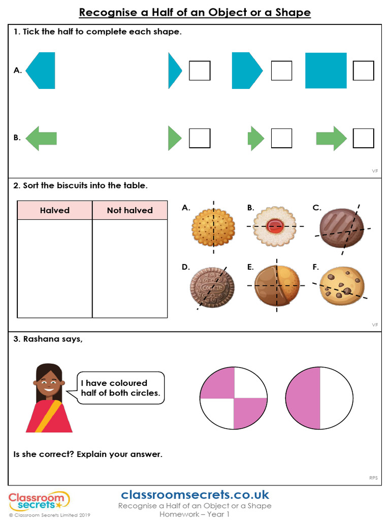 Year 1 Recognise a Half of an Object or a Shape HWK | PDF