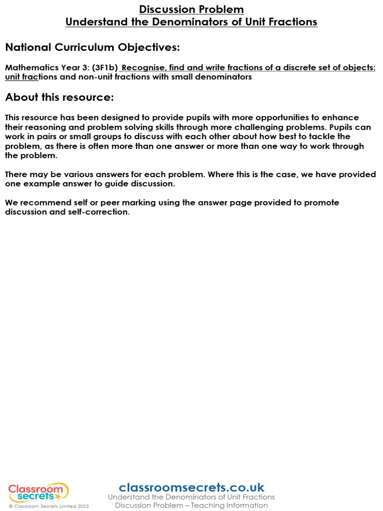 Year 3 Understand The Denominators of Unit Fractions DP | PDF ...