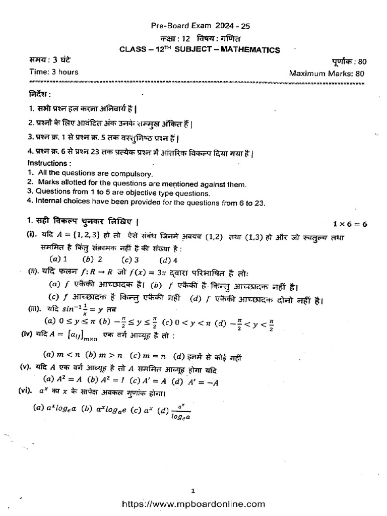 Mp Board Class 12 Pb Mathematics 040225 2025 | PDF