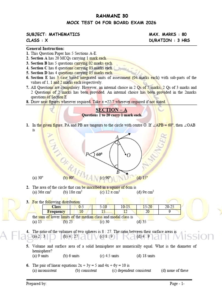 CBSE Class 10 Mathematics Sample Paper 2026 (Standard) MOCK 2 | PDF ...