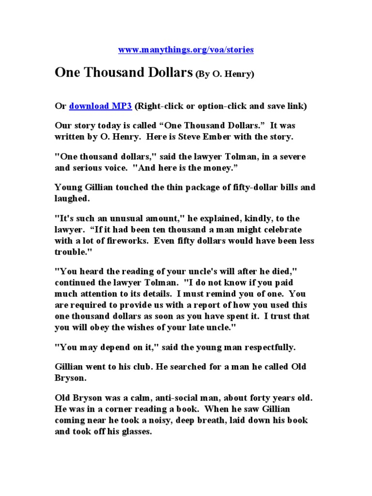 O. Henry's "One Thousand Dollars" Summary | PDF | Mystery, Thriller ...