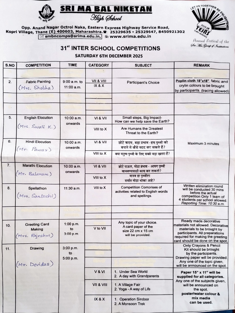 Inter School Competitions 2025 Details | PDF