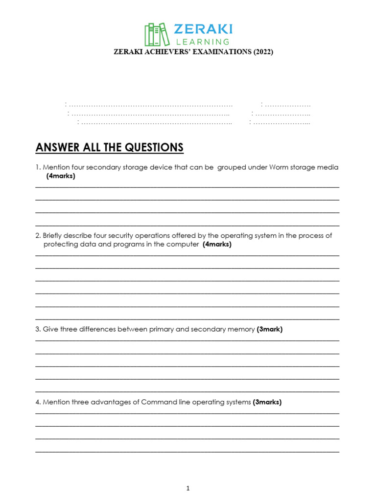 Computer Studies Form 1 Marking Scheme Zeraki Achievers 8.0 - November ...
