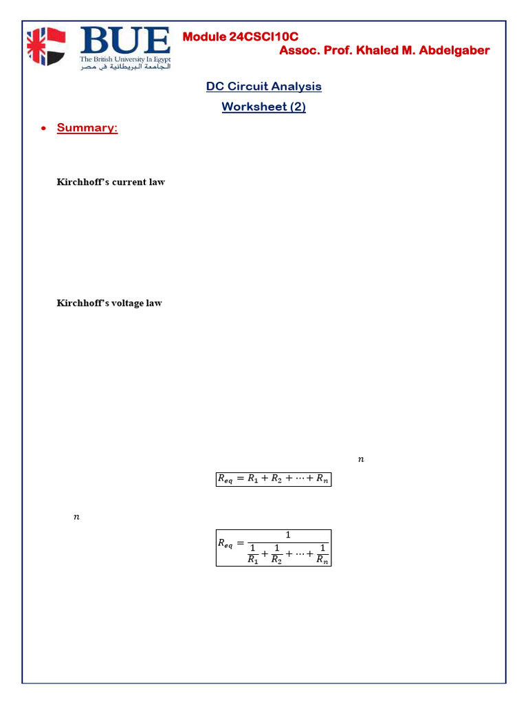 DC Circuit Analysis Worksheet Summary | PDF | Electrical Network ...