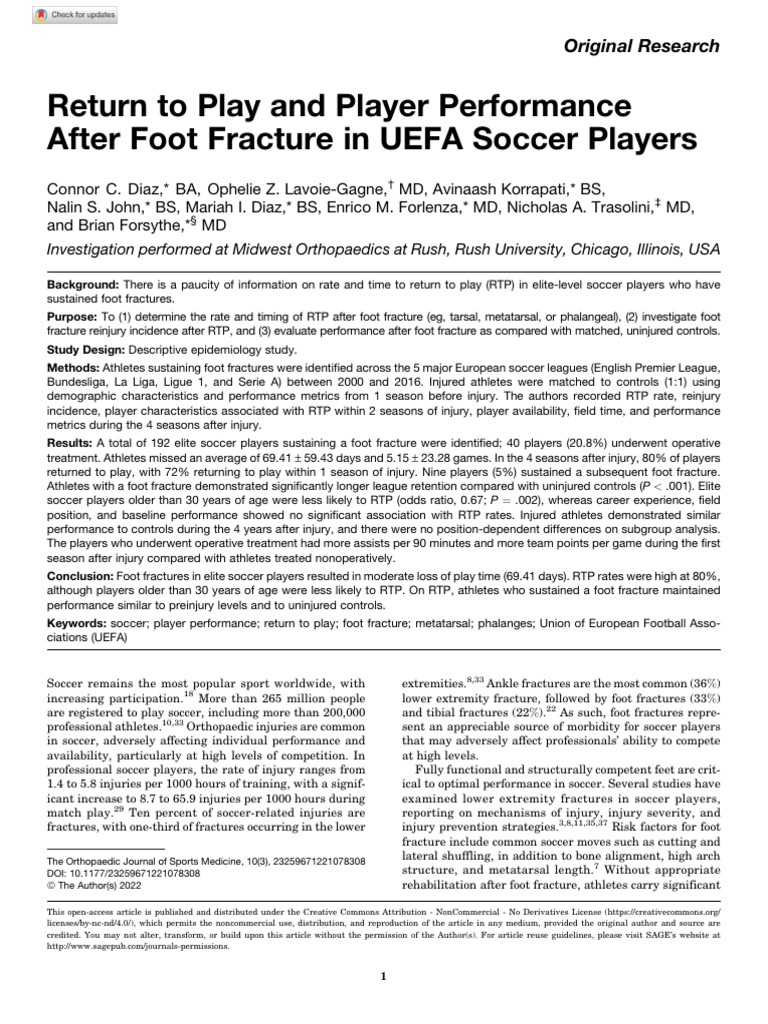 Diaz Et Al 2022 Return to Play and Player Performance After Foot ...