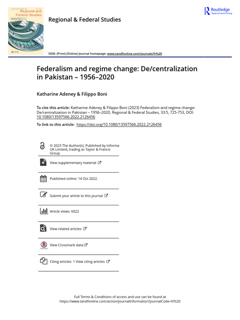 Federalism and Regime Change de Centralization in Pakistan 1956 2020 ...
