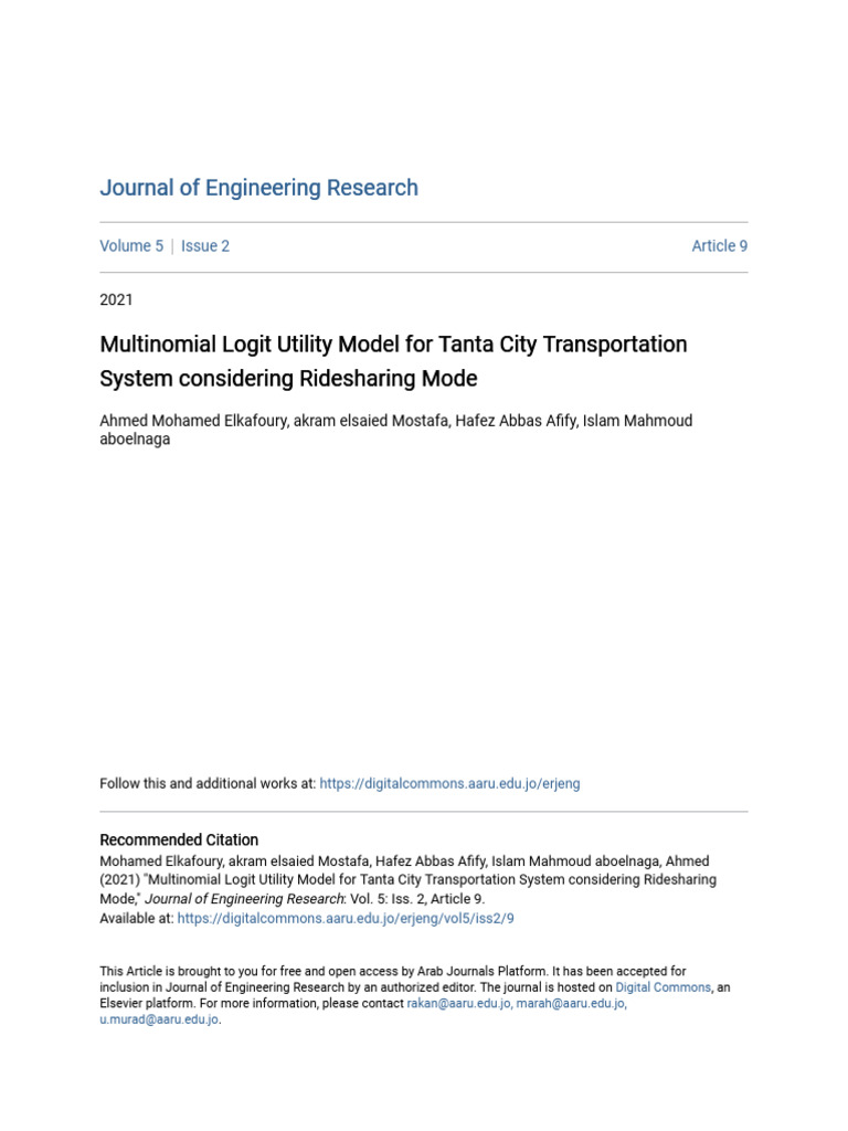 Multinomial Logit Utility Model for Tanta City Transportation Sys | PDF ...