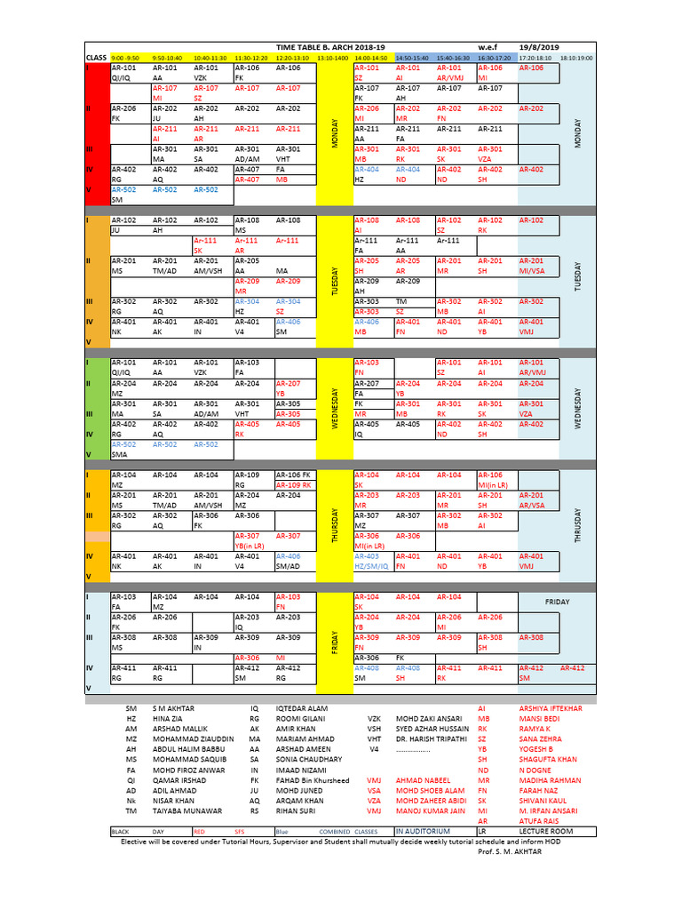 B.arch Time Table 19.08.19 | PDF