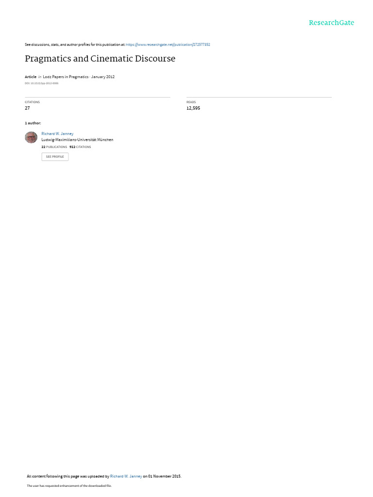 Pragmatics and Cinematic Discourse - Janney - 2012 | PDF