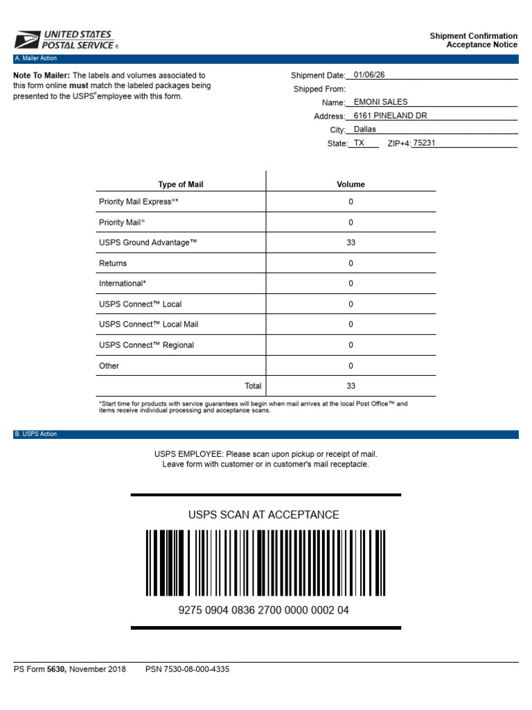USPS Shipment Confirmation Form | PDF | United States Postal Service ...