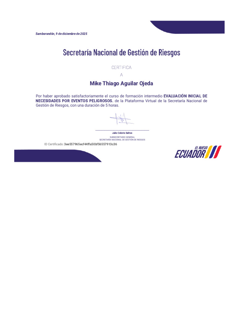 Certificado SNGR-UIDE CFI2 _ Cursos Virtuales de La Secretaría Nacional ...
