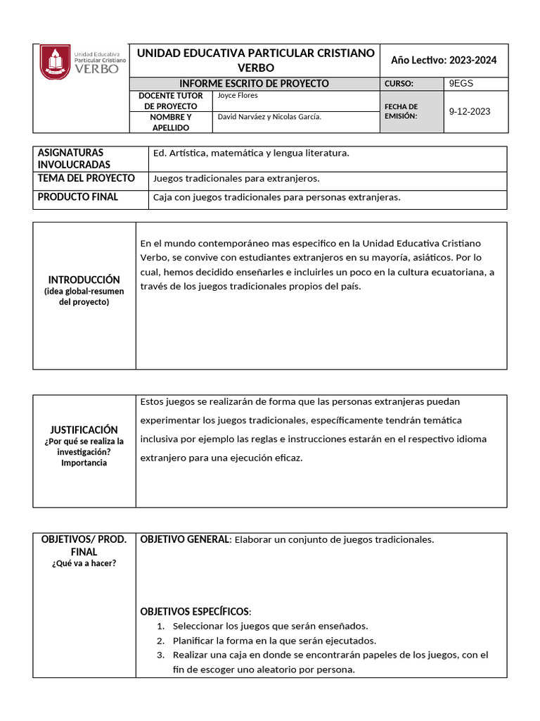 Bas Sup. Esquema Escrito Proyecto. David Narvaez- Nicolas Garcia. 1 | PDF