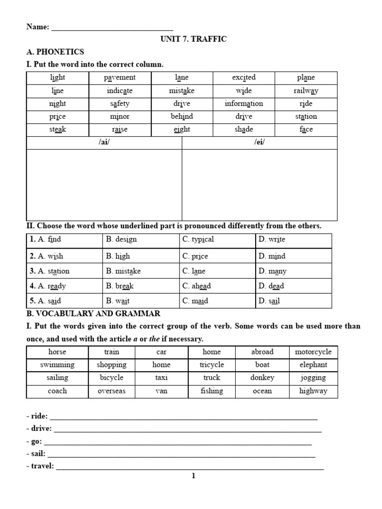 Traffic Vocabulary and Phonetics Exercises | PDF | Traffic | Traffic ...