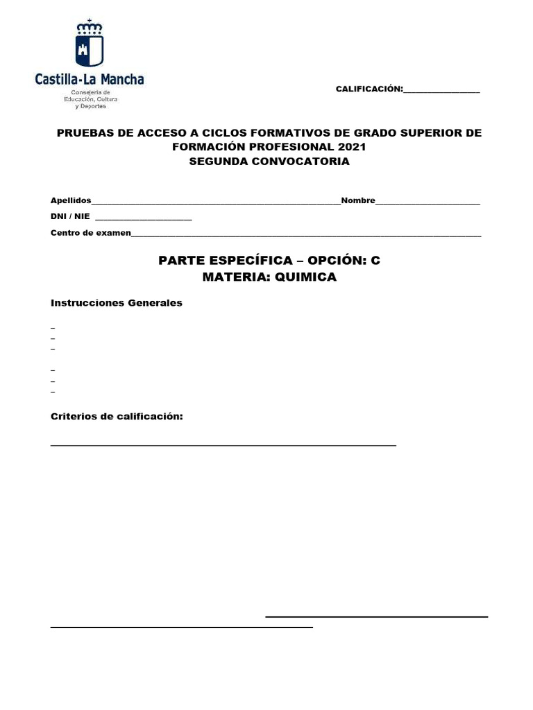 Examen Grado Superior Parte Especifica Opcion C Quimica Conv 2 | PDF | Ácido | Química