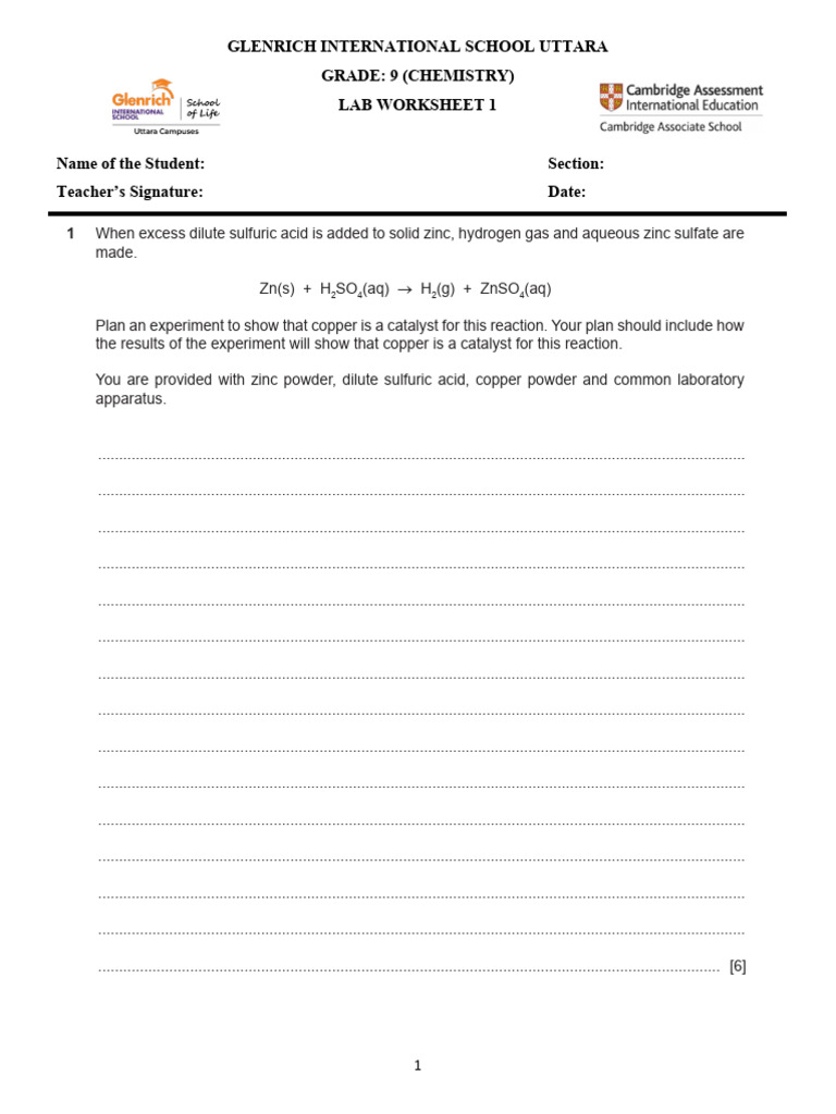 Lab Worksheet 1_Rates of Reaction | PDF | Physical Chemistry | Atoms