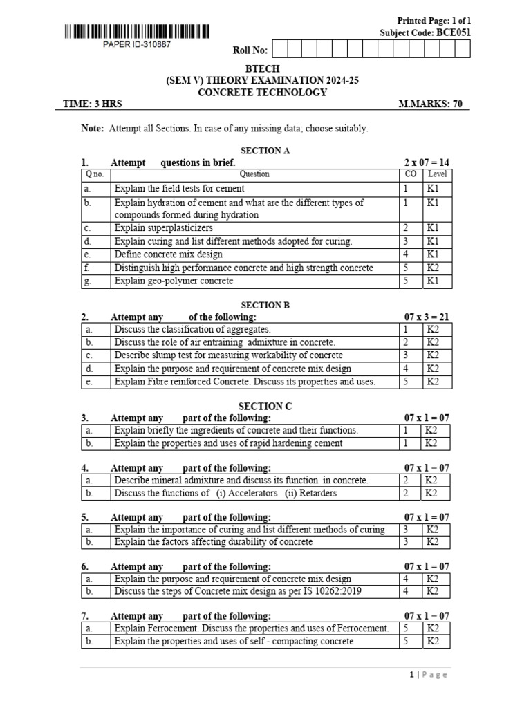Bce051 Concrete Technology | PDF | Concrete | Civil Engineering