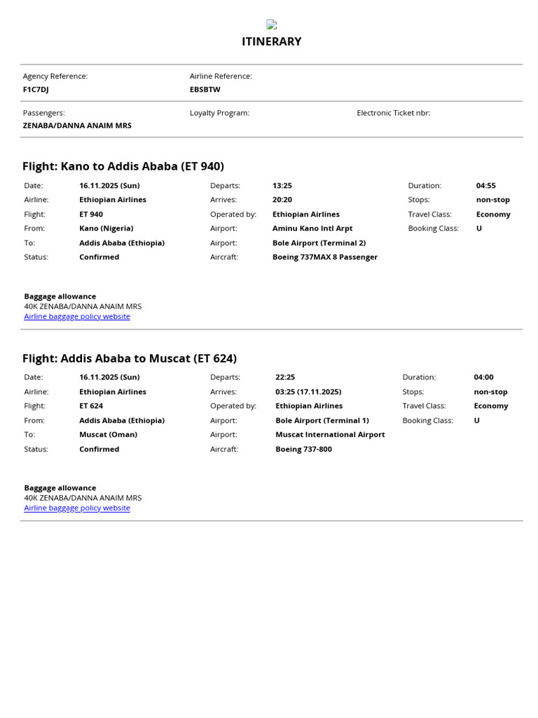 Itinerary for Zenaba Danna Anaim Mrs Departure Date 16-11-2025 (1) | PDF