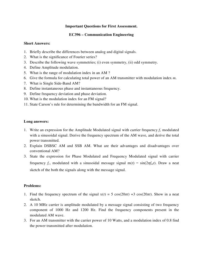 Important Questions For First Assessment. EC396 - Communication ...