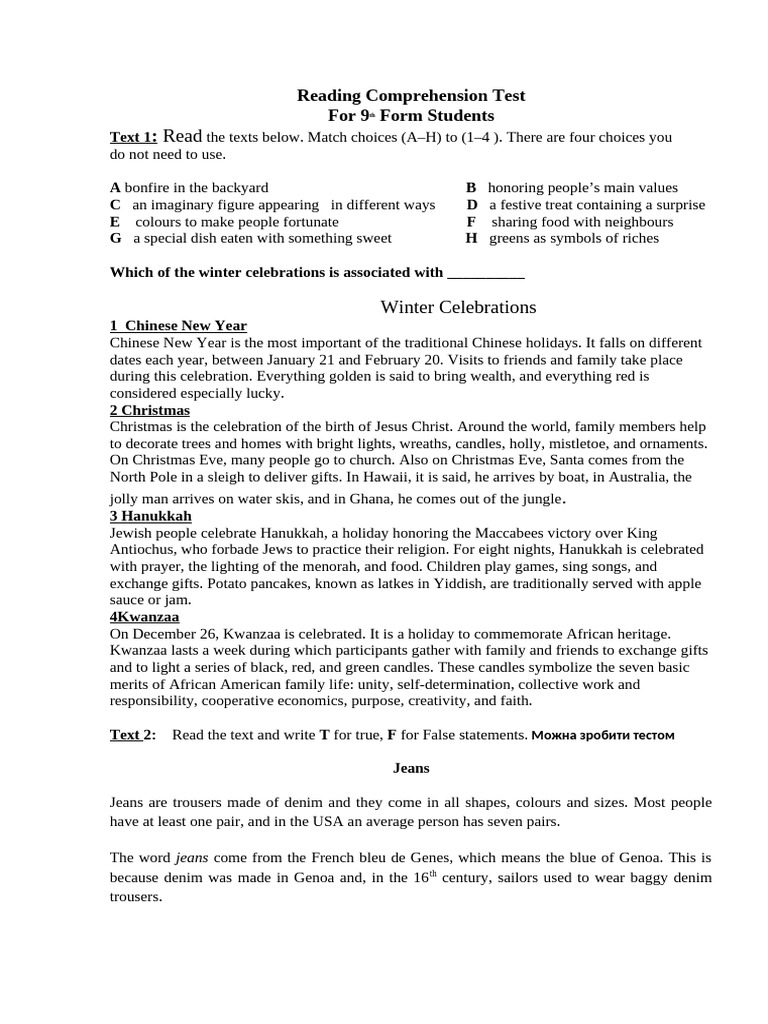 9th Grade Reading Comprehension Test | PDF | Jeans | Christmas