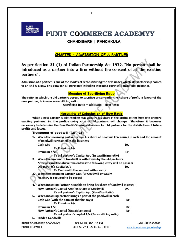 Admission of a Partner in Partnership | PDF | Goodwill (Accounting ...