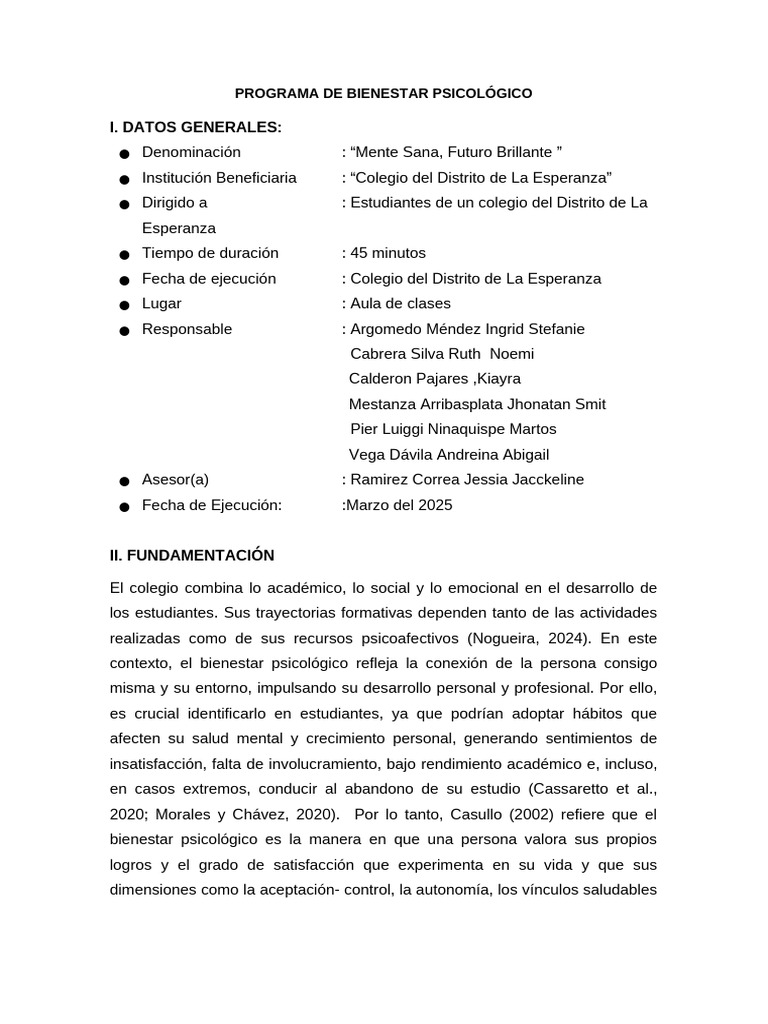 Bosquejo de programa-bienestar psicologico imprimir solo anexos | PDF | Autoestima | Empatía