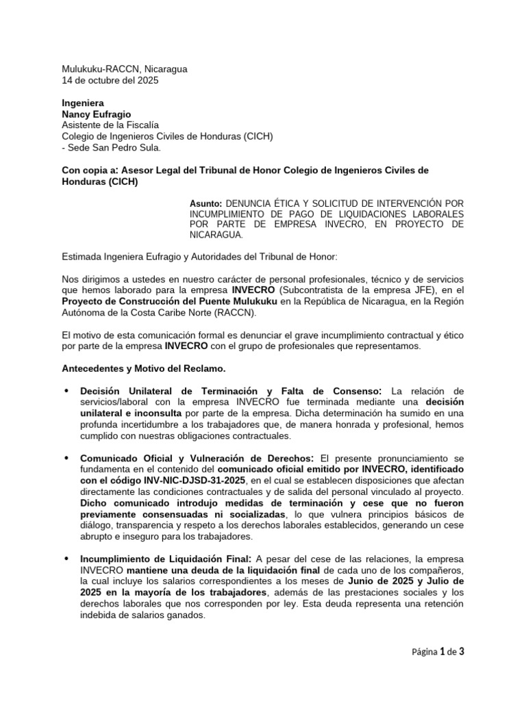 Carta Cich Reclamopago Invecro Mulukuku | PDF | Sociedad de ...