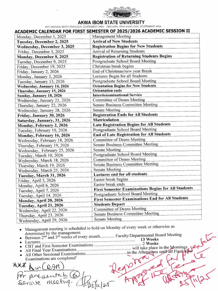Akwa Ibom State University Academic Calendar 2025-2026 | PDF