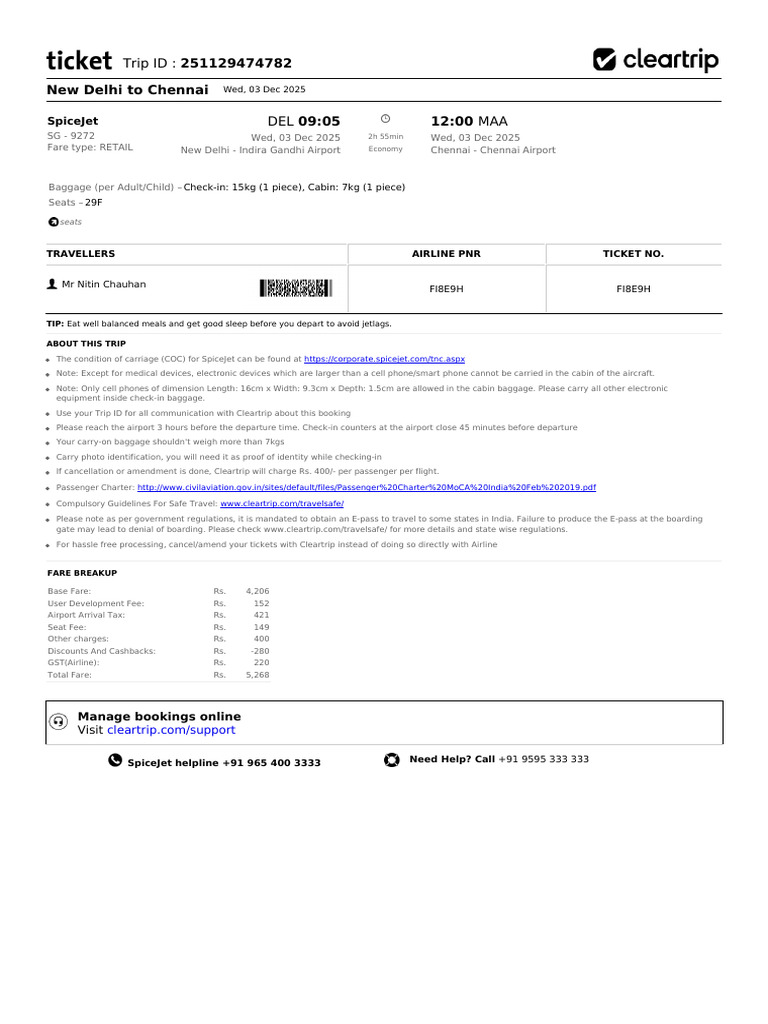 Cleartrip Flight Domestic E-Ticket | PDF | Airport | Aviation