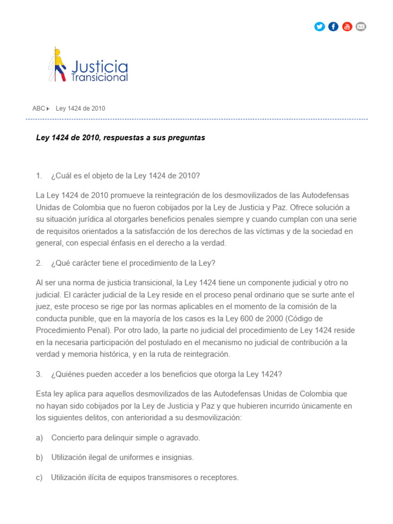 JusticiaTransicional _ ABC _ Ley 1424 de 2010 | PDF | Verdad | Justicia