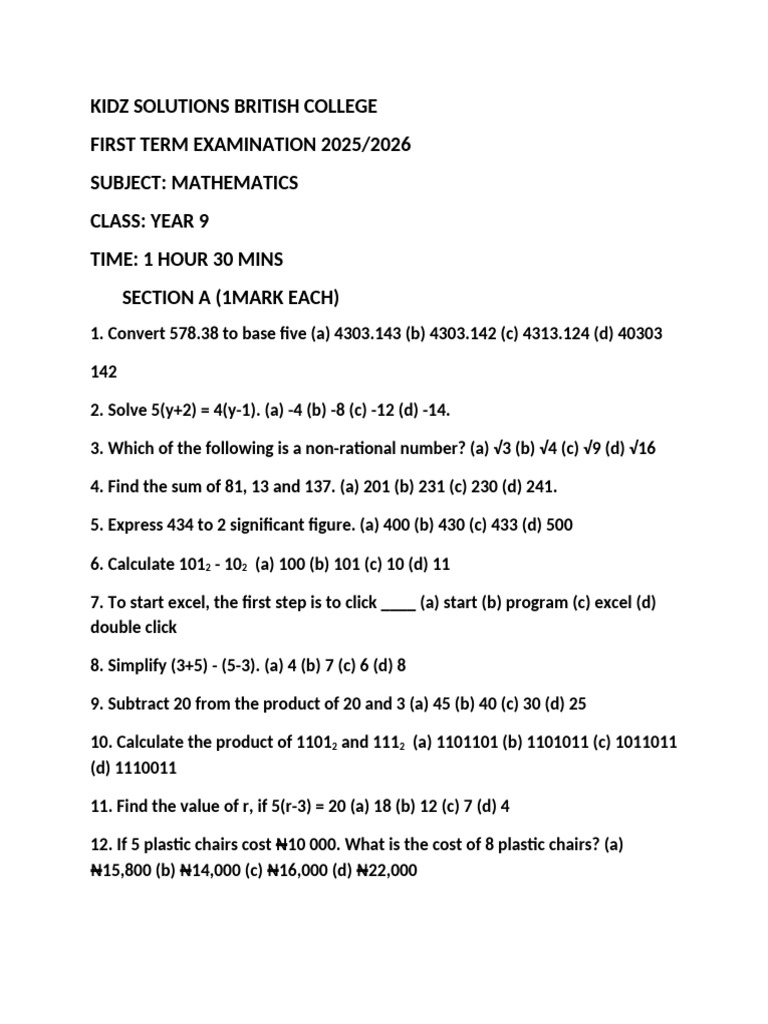 First Term Maths Yr 9 Exam | PDF | Numbers | Elementary Mathematics