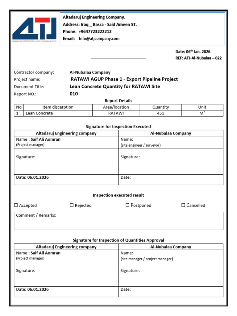 Lean Concrete Quantity Inspection Report | PDF