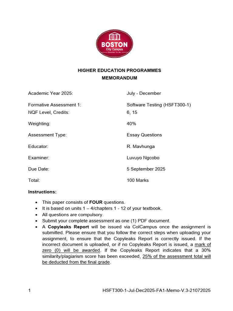 Software Testing Assessment Memo 2025 | PDF | Software Testing ...