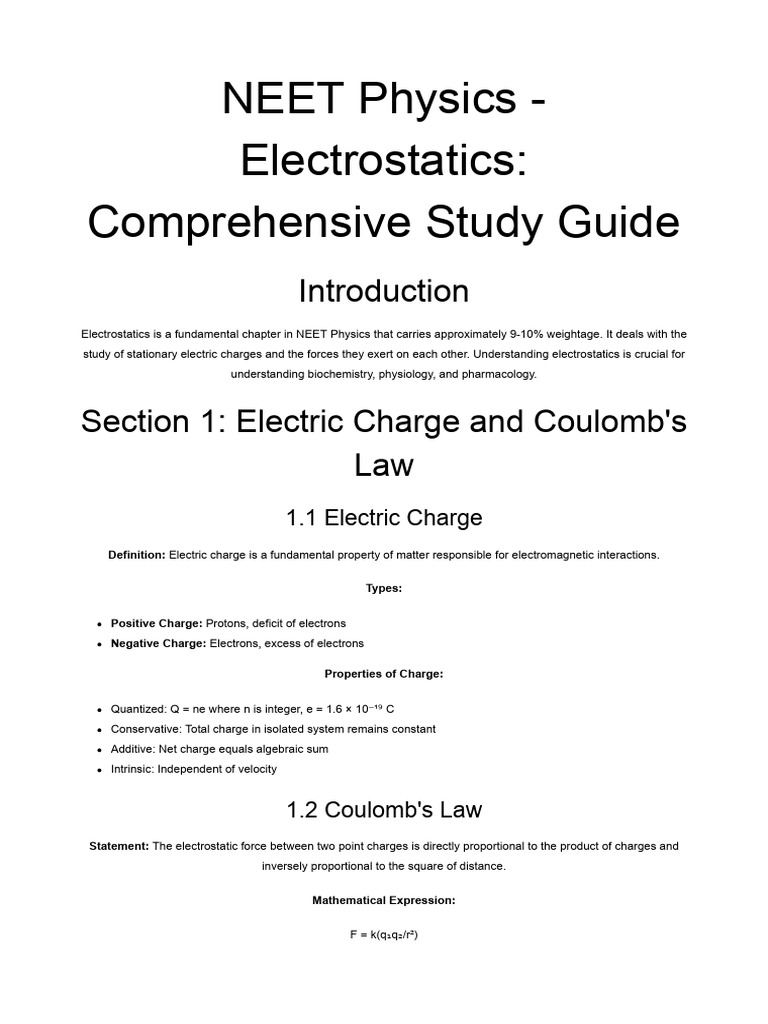 NEET Physics -Electrostatics | PDF | Electric Charge | Electric Field