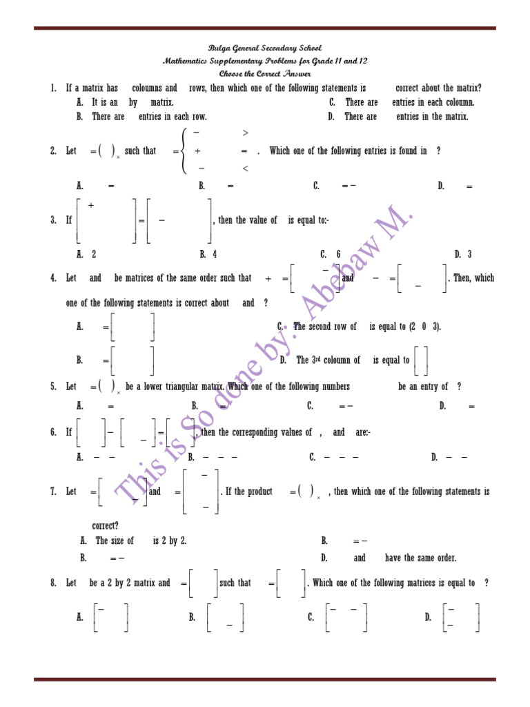 Mathematics Matrices Problems | PDF | Matrix (Mathematics) | Functional ...