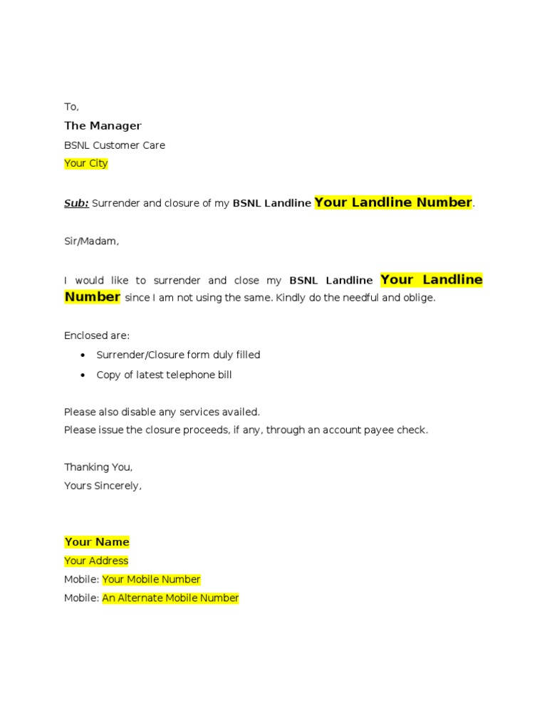 BSNL Landline Broadband Closure Letter | PDF
