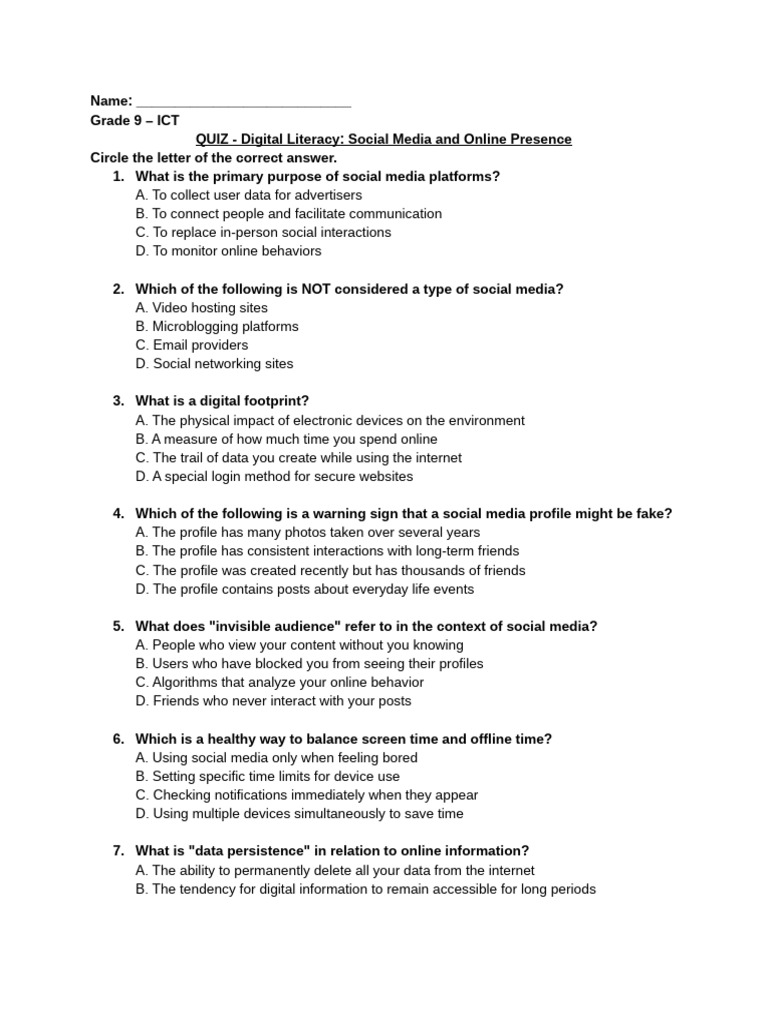 Grade 9 Digital Literacy Quiz: Social Media | PDF | Social Media ...