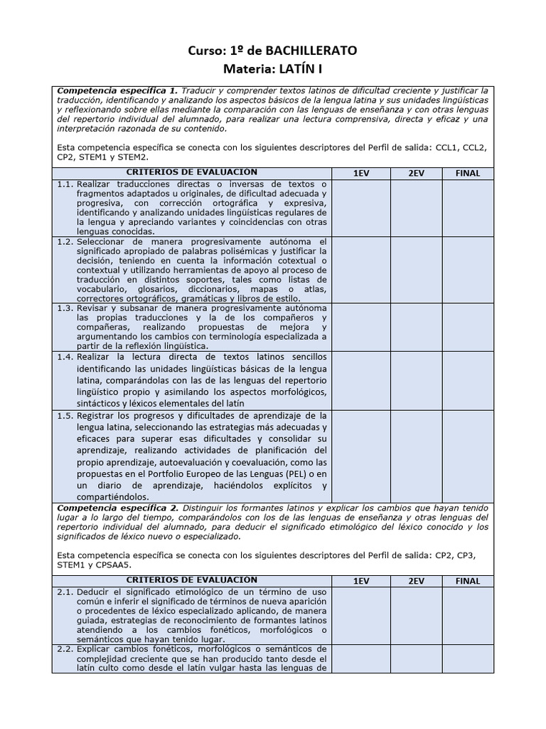 LATÍN - Criterios de calificación | PDF | Traducciones | Léxico