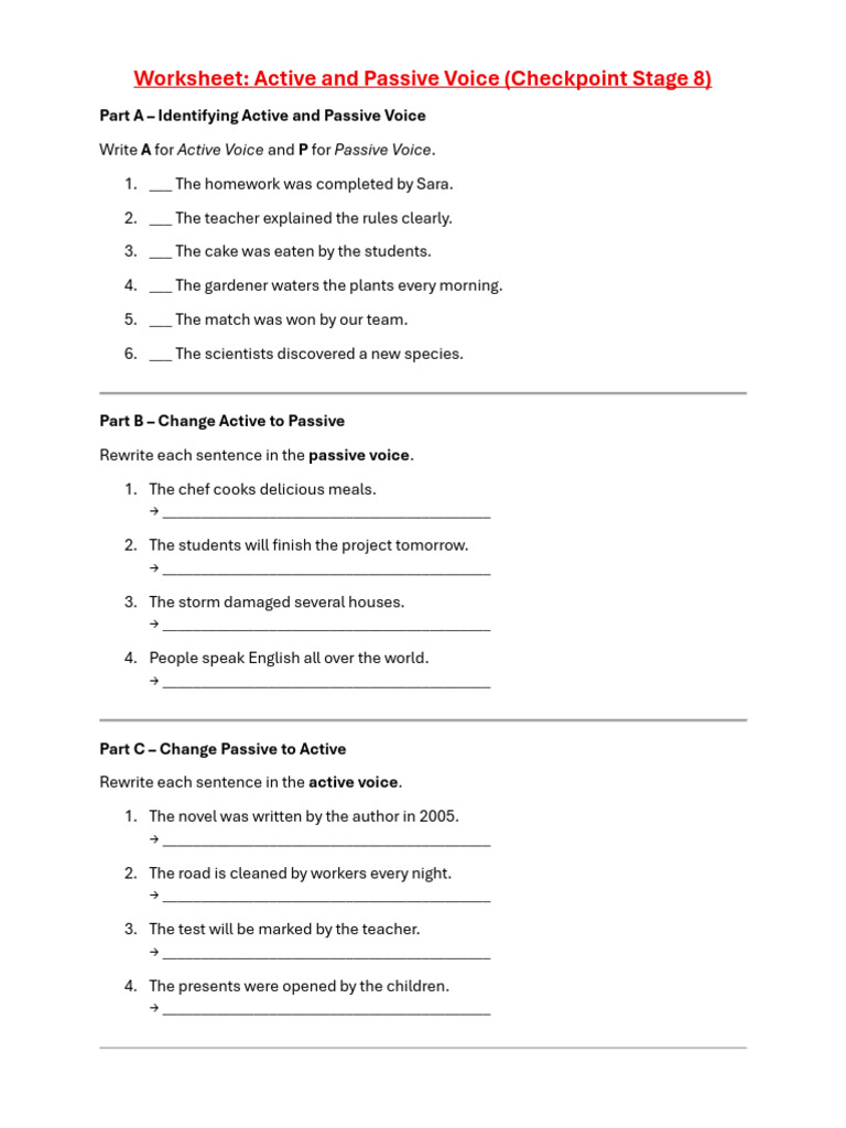 Worksheet -Active and Passive Voice (Checkpoint Stage 8)- key answer | PDF