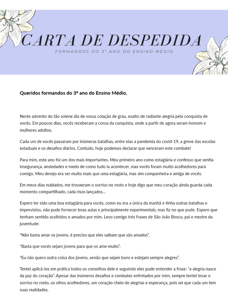 Carta de despedida aos alunos do 3° ano do Ensino Médio 2025 | PDF